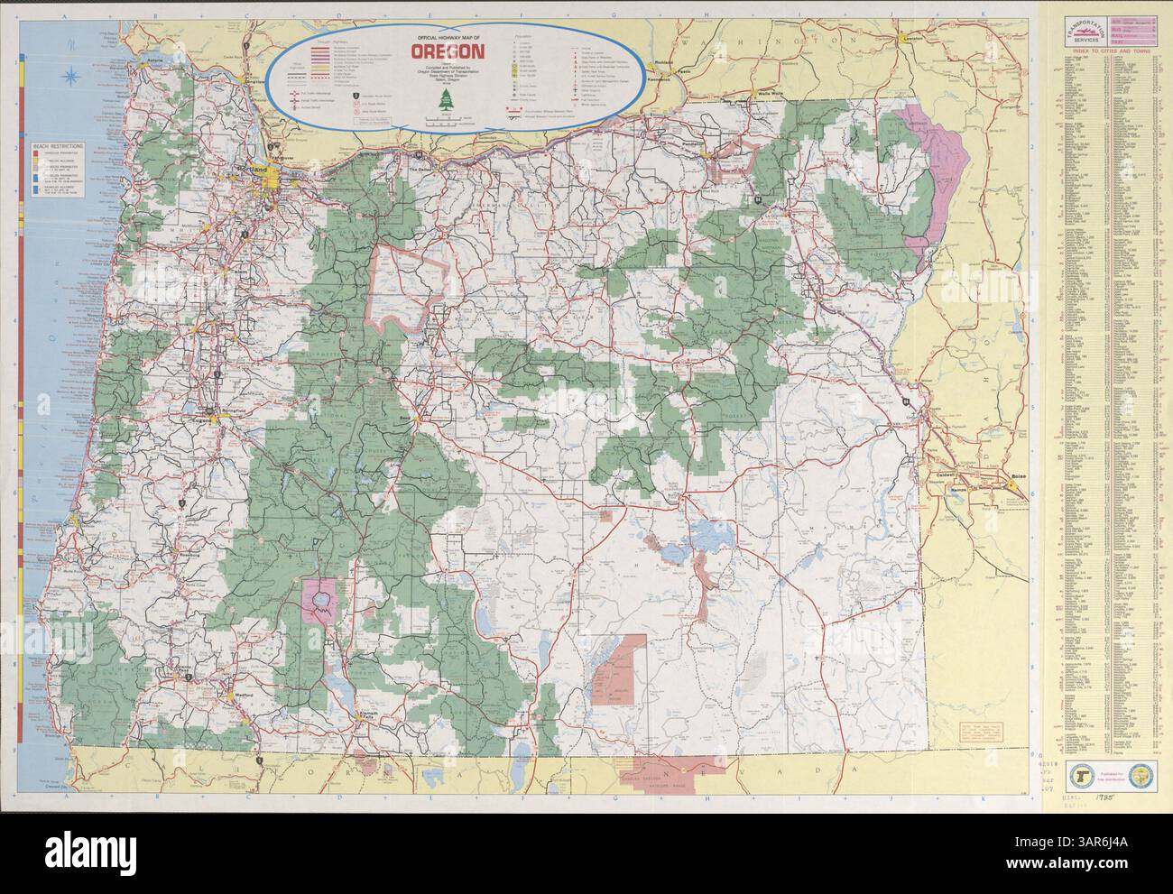 This official highway map of Oregon includes an index to cities and ...
