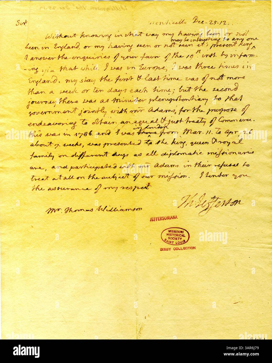 Thomas Jefferson's letter from Monticello to Thomas Williamson, dated ...