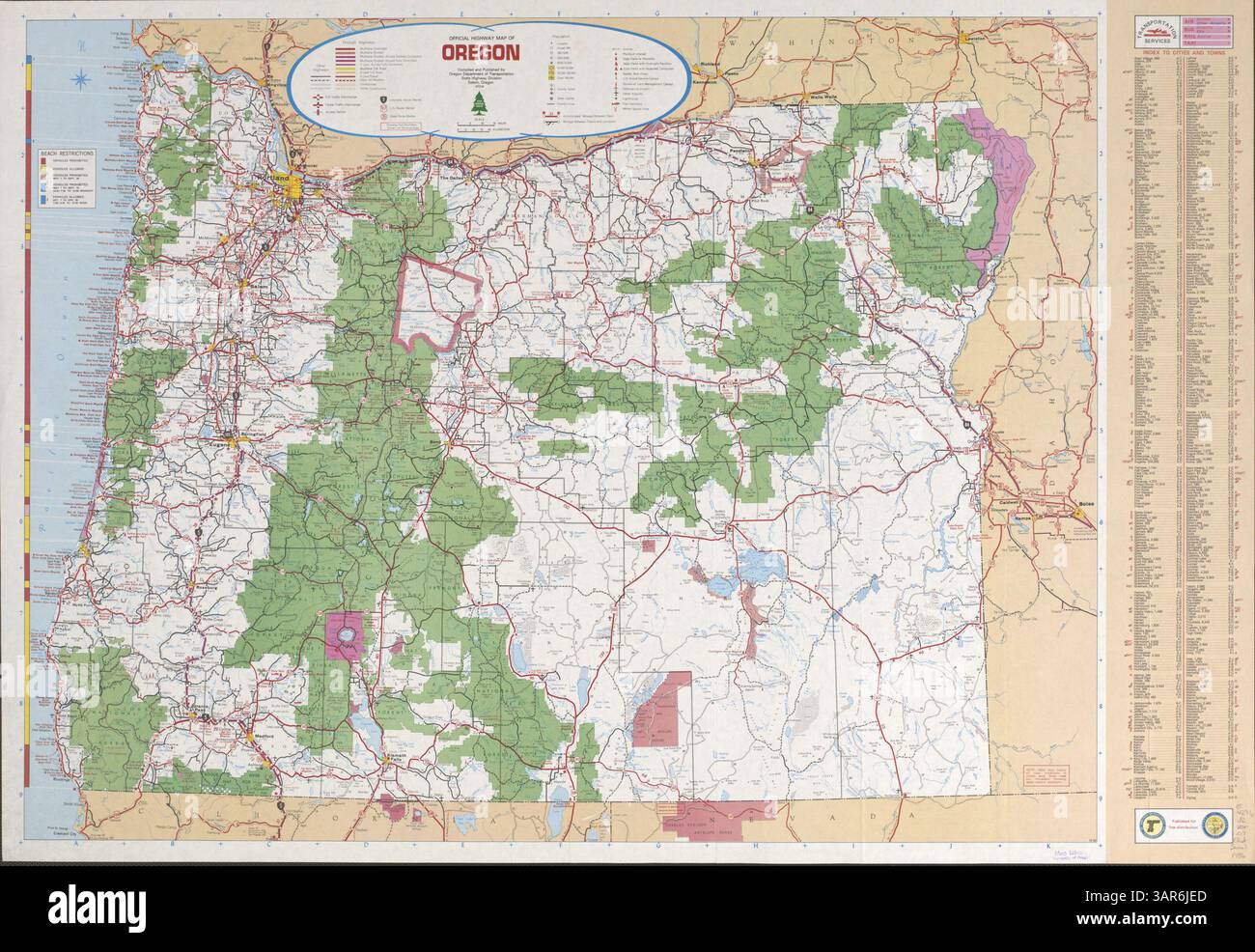 This official highway map of Oregon displays spot heights and includes ...