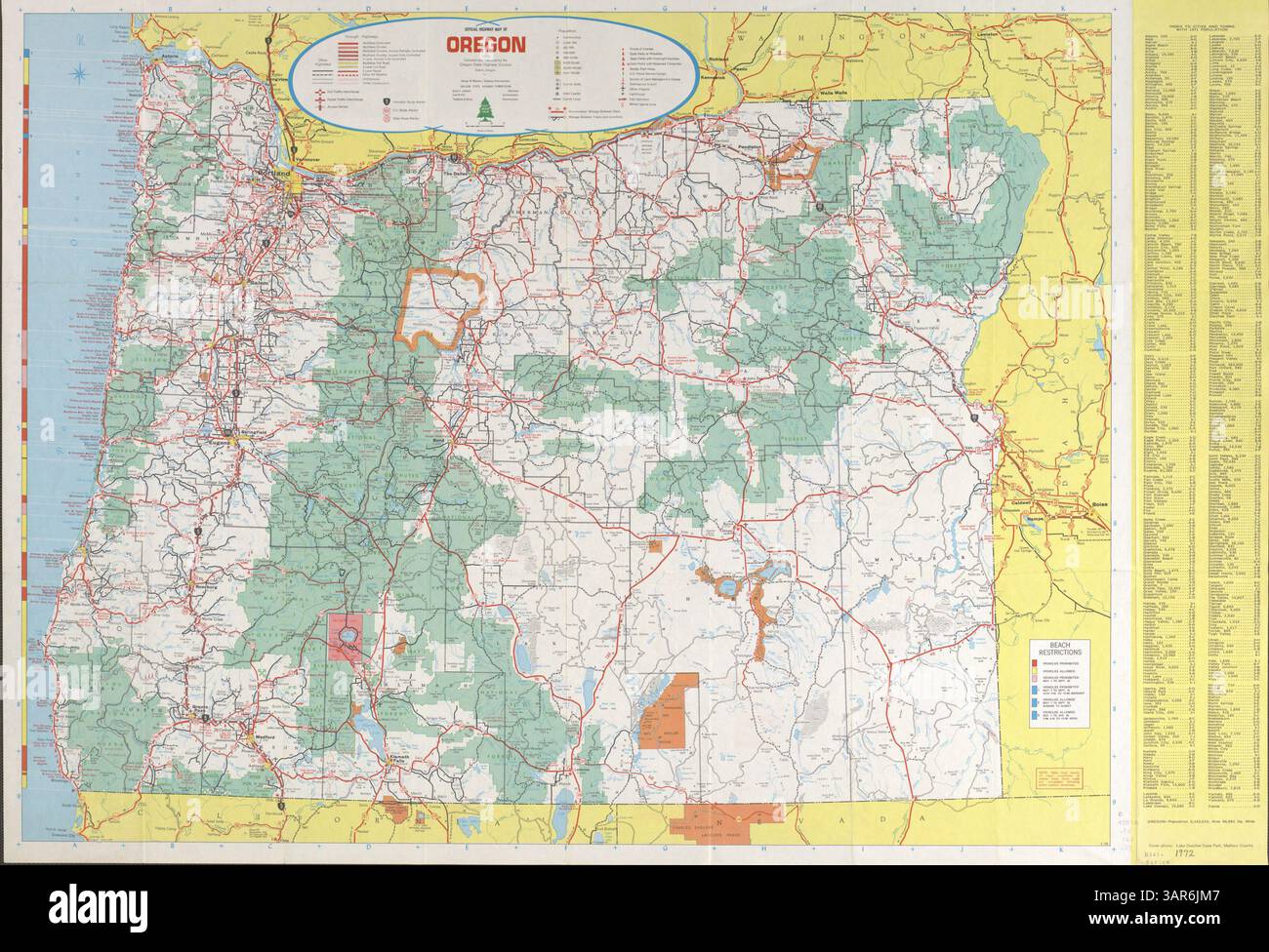The 1971 official Oregon highway map includes beach restrictions, an ...