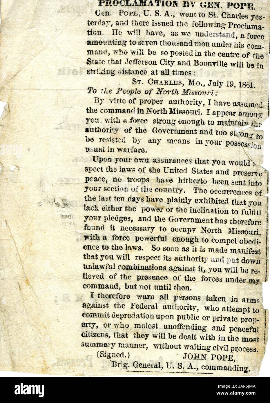 A newspaper clipping detailing General John Pope's proclamation ...