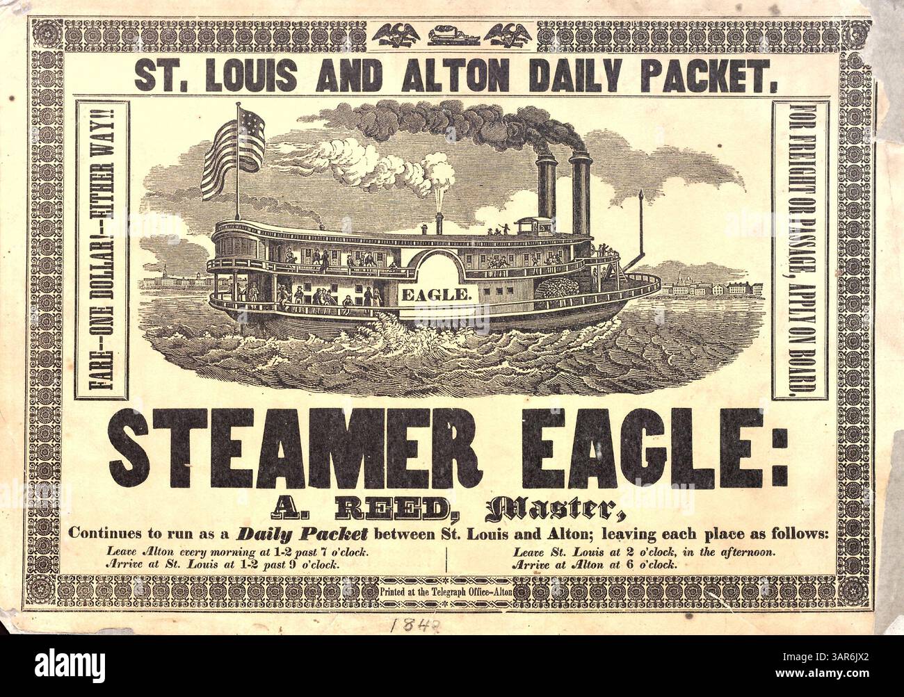 A broadside advertising the Steamer Eagle, a riverboat operating ...