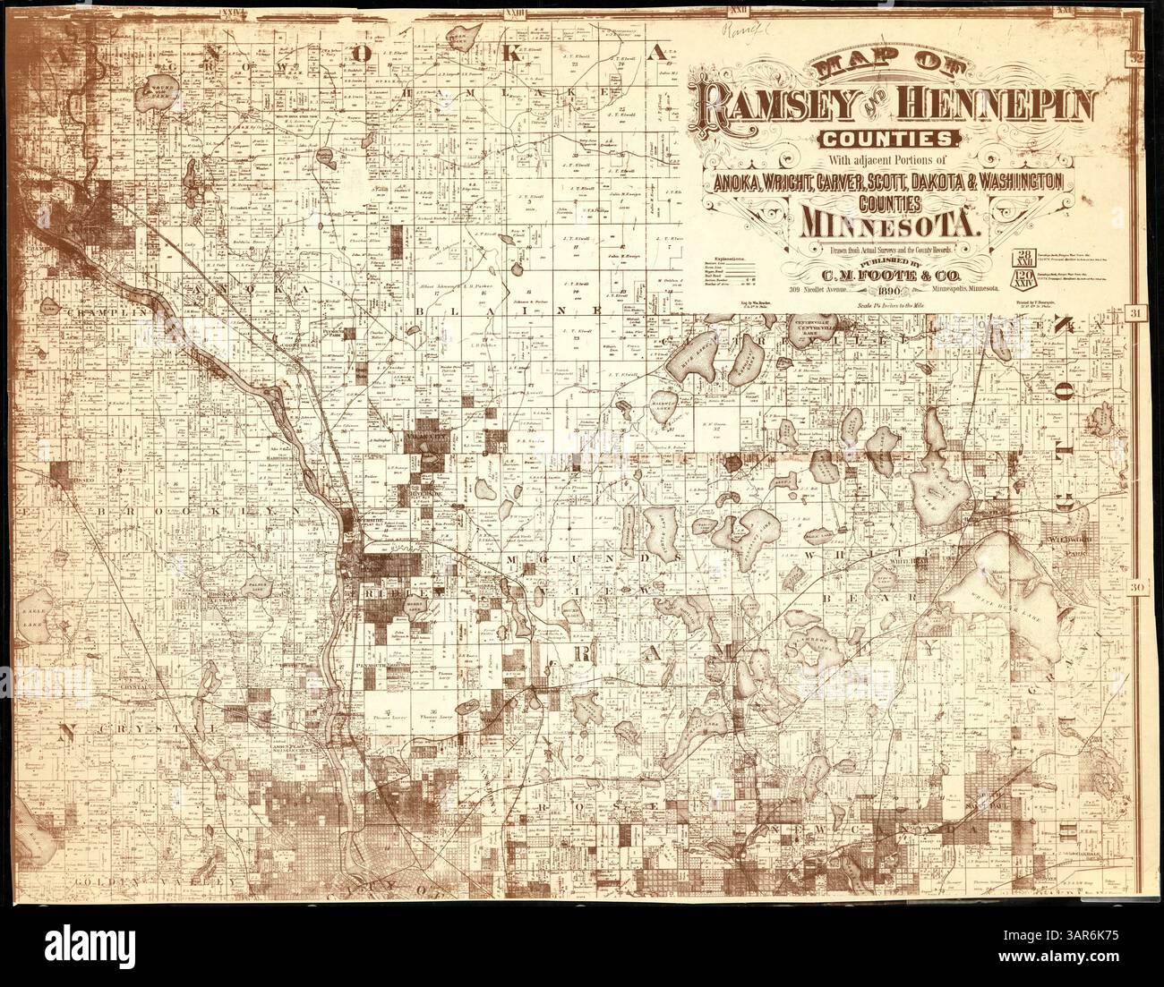This map depicts Ramsey and Hennepin counties, along with adjacent ...