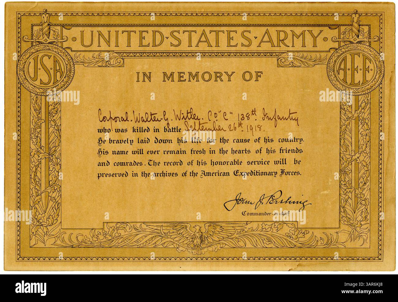 This memorial certificate honors Corporal Walter G. Witler, who was ...