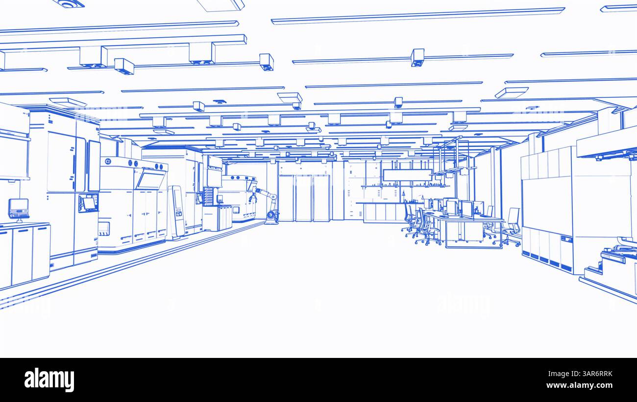 3d rendering wireframe futuristic semiconductor manufacturing factory ...
