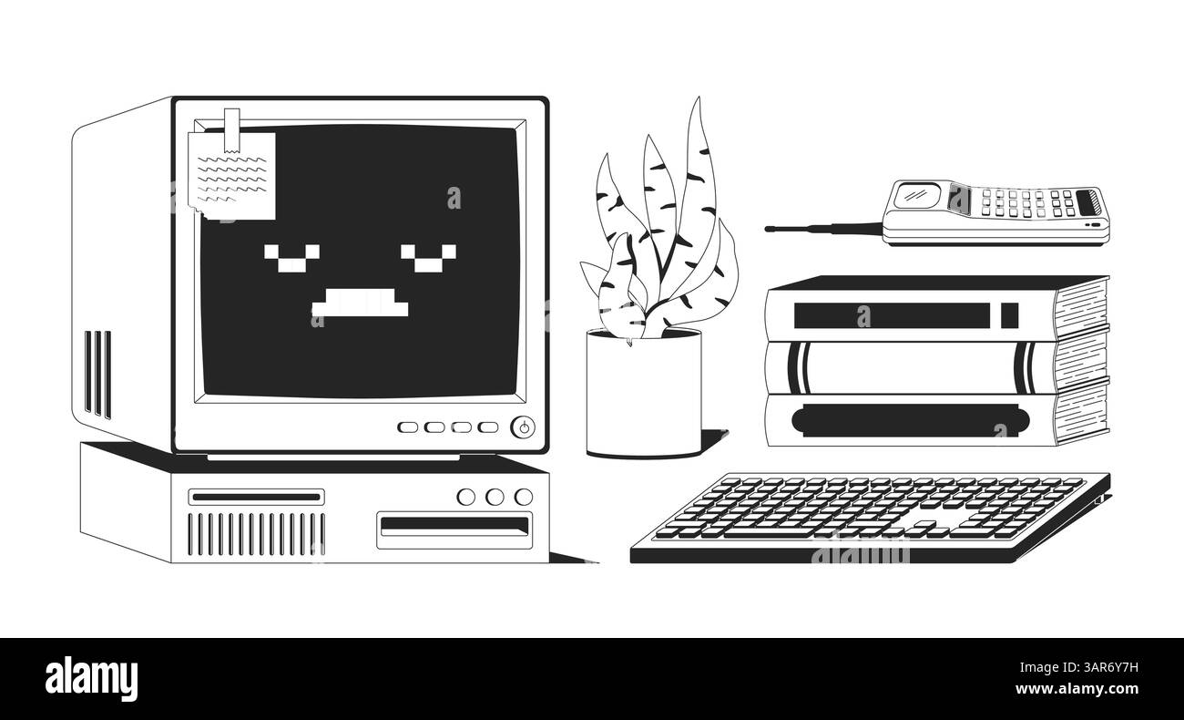 Retro computer keyboard with books, plant, phone 2D line objects set ...