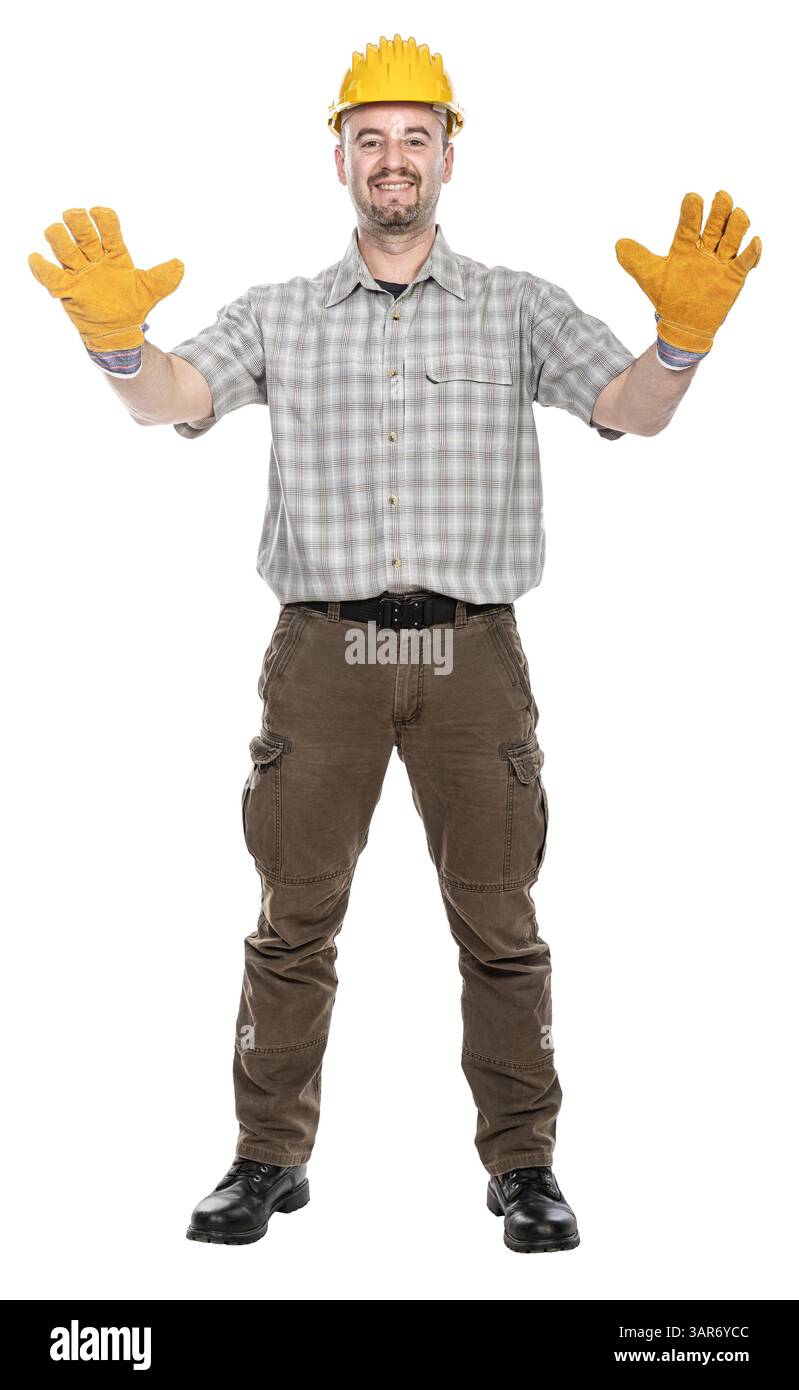 Construction worker wearing safety helmet gloves isolated transparent background Stock Photo - Alamy