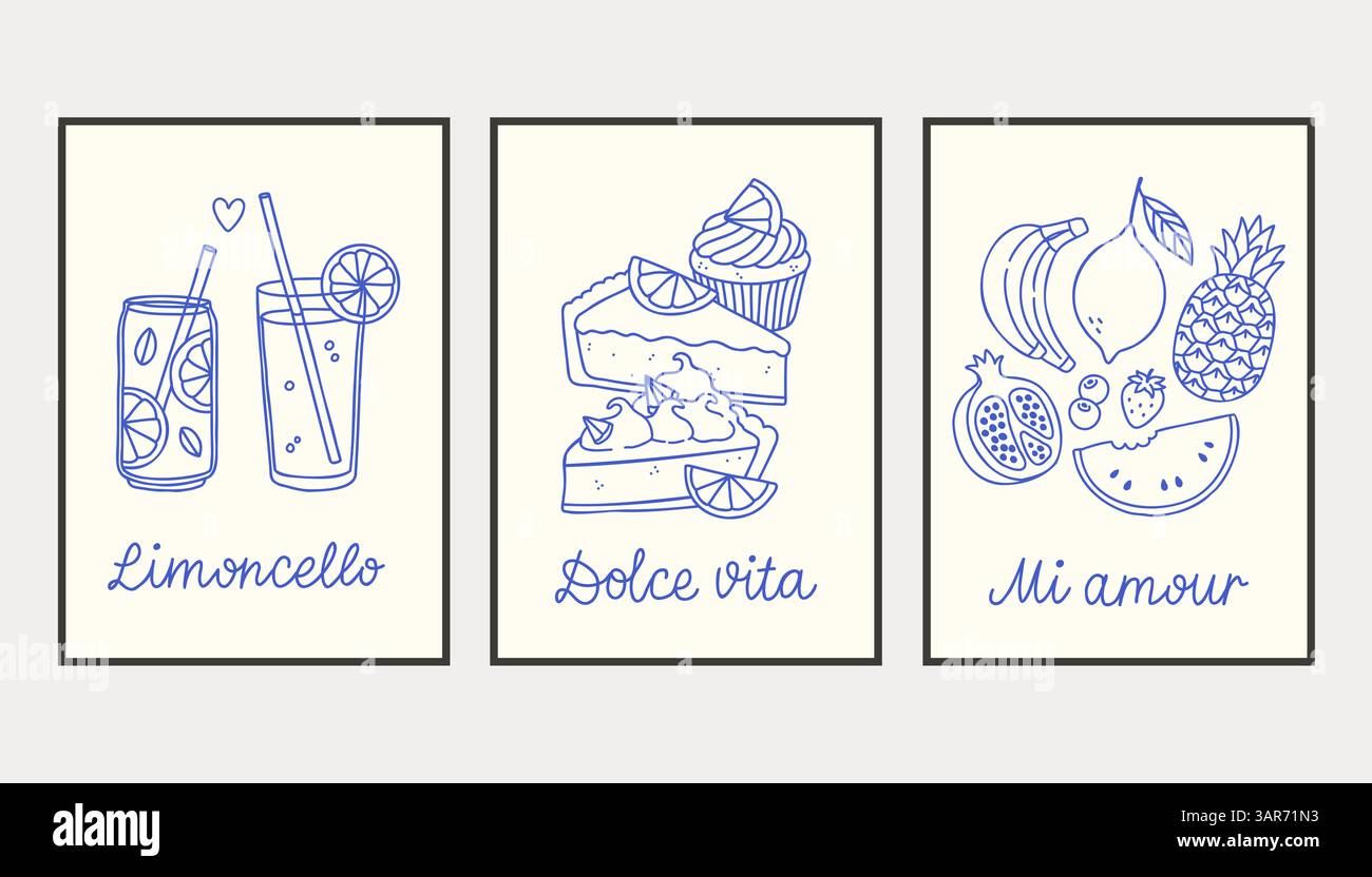 La dolce vita doodles placard or poster set. Vector illustration of ...