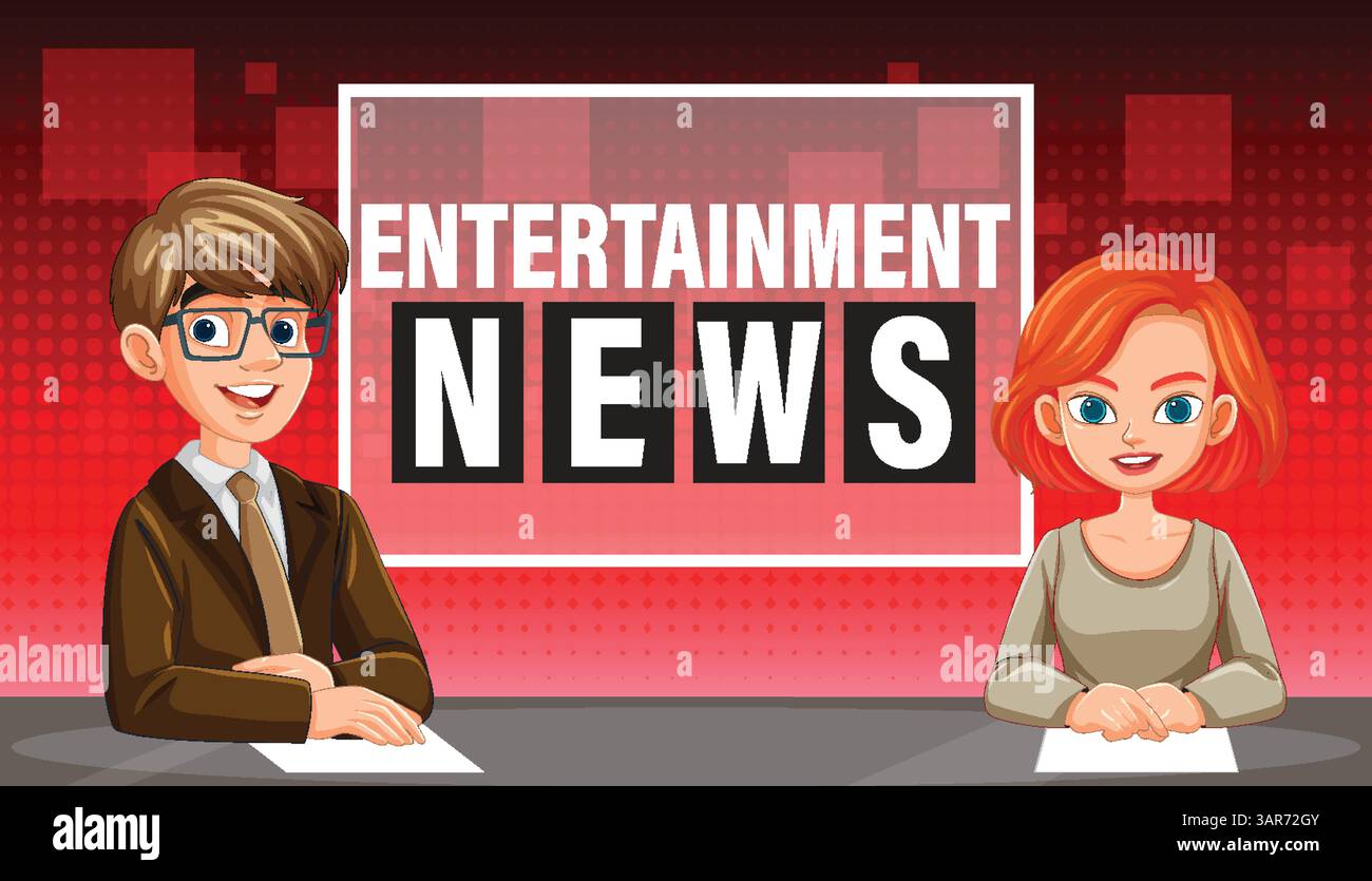 Vector illustration of animated news anchors presenting entertainment ...