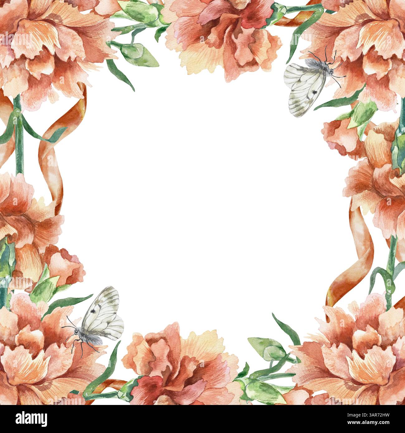 Red carnations square frame with flowers and ribbon. Hand drawn ...
