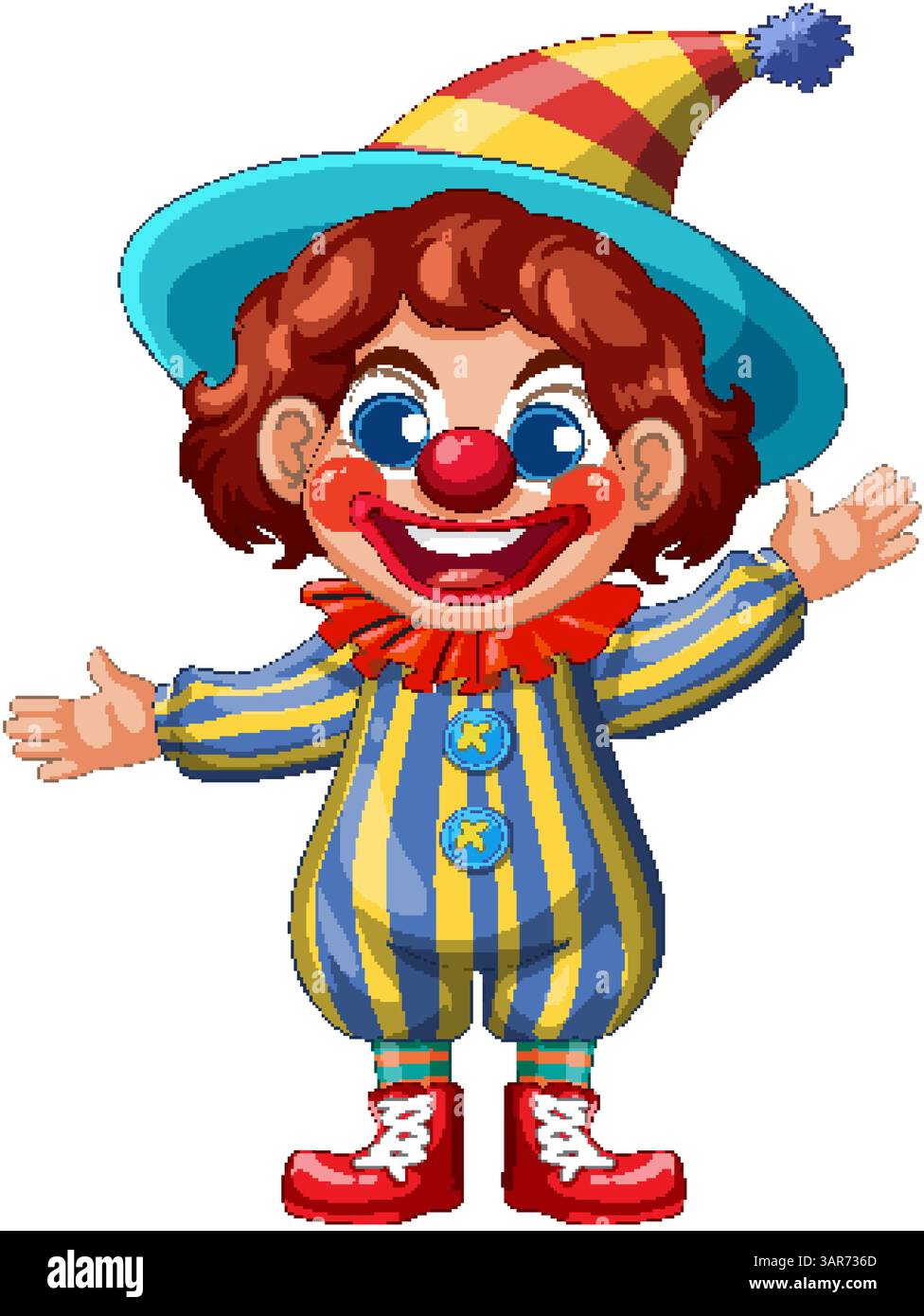 Bright vector illustration of a cheerful clown in a striped outfit and ...