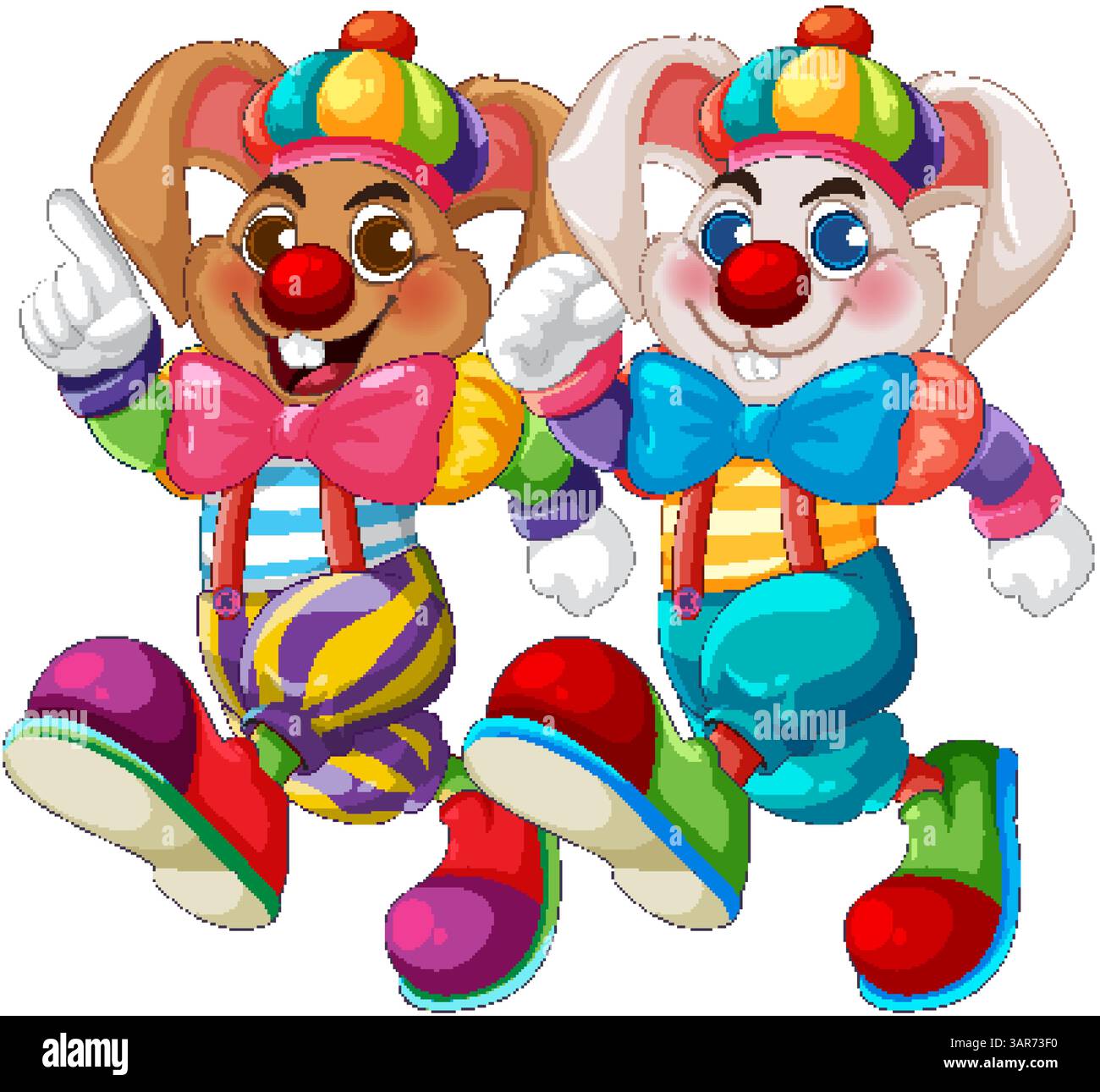 Two vibrant clown rabbits with oversized shoes and bow ties. Bright ...