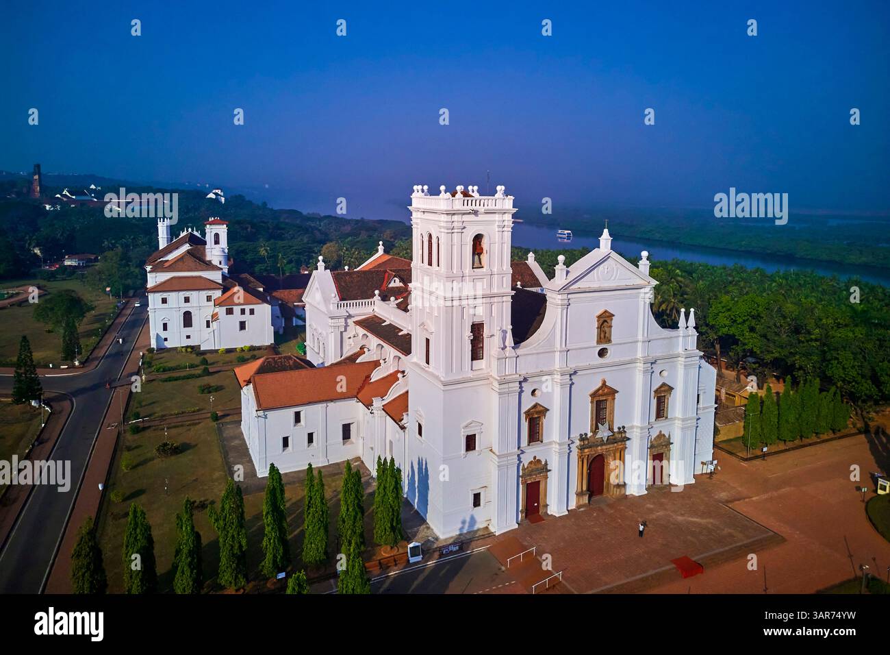 India, state of Goa, Old Goa (Velha Goa), aerial view of Se Cathedral ...
