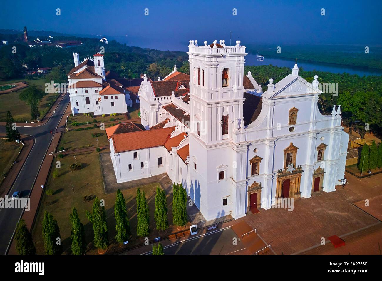 India, state of Goa, Old Goa (Velha Goa), aerial view of Se Cathedral ...