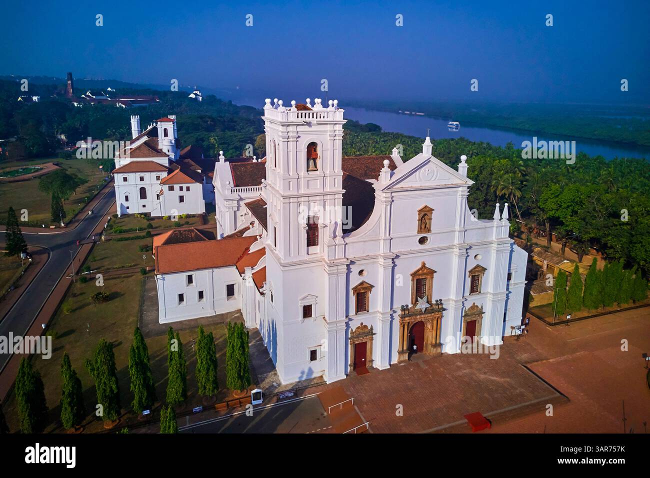 India, state of Goa, Old Goa (Velha Goa), aerial view of Se Cathedral ...