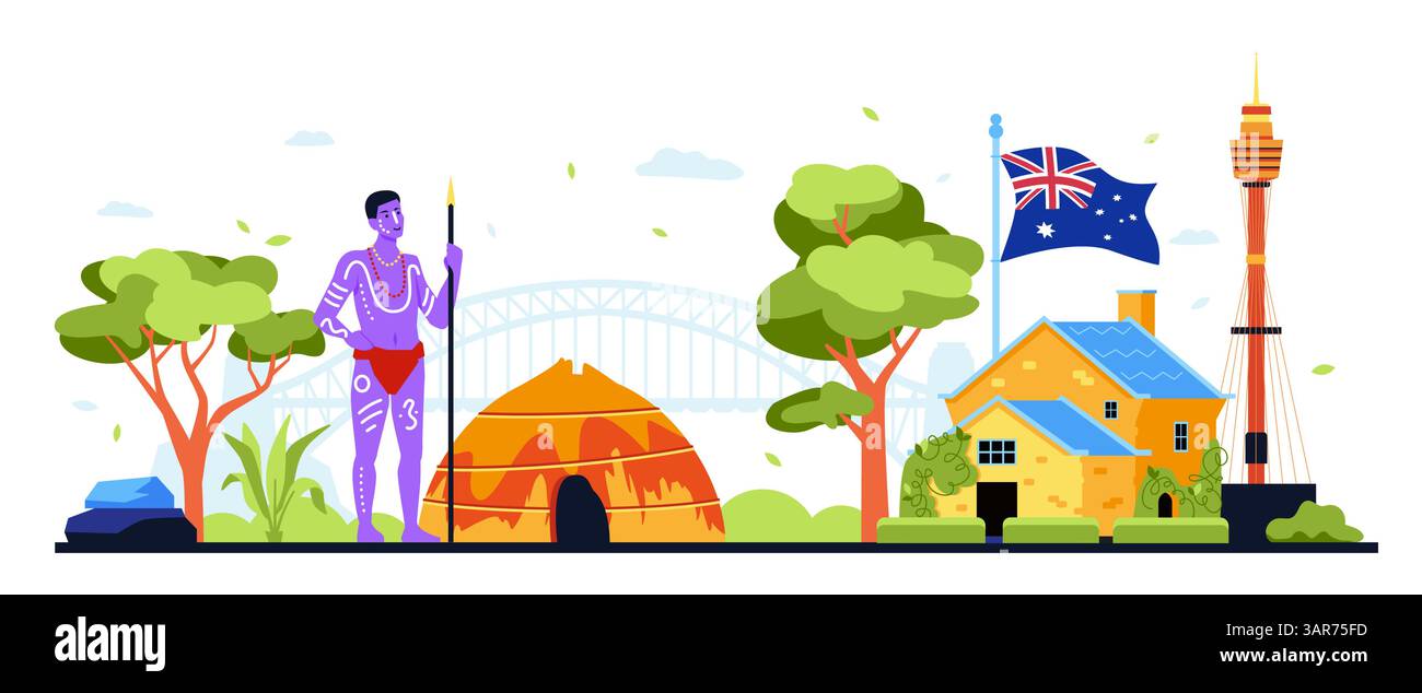 Aboriginal near Captain Cooks Cottage - modern colored vector ...