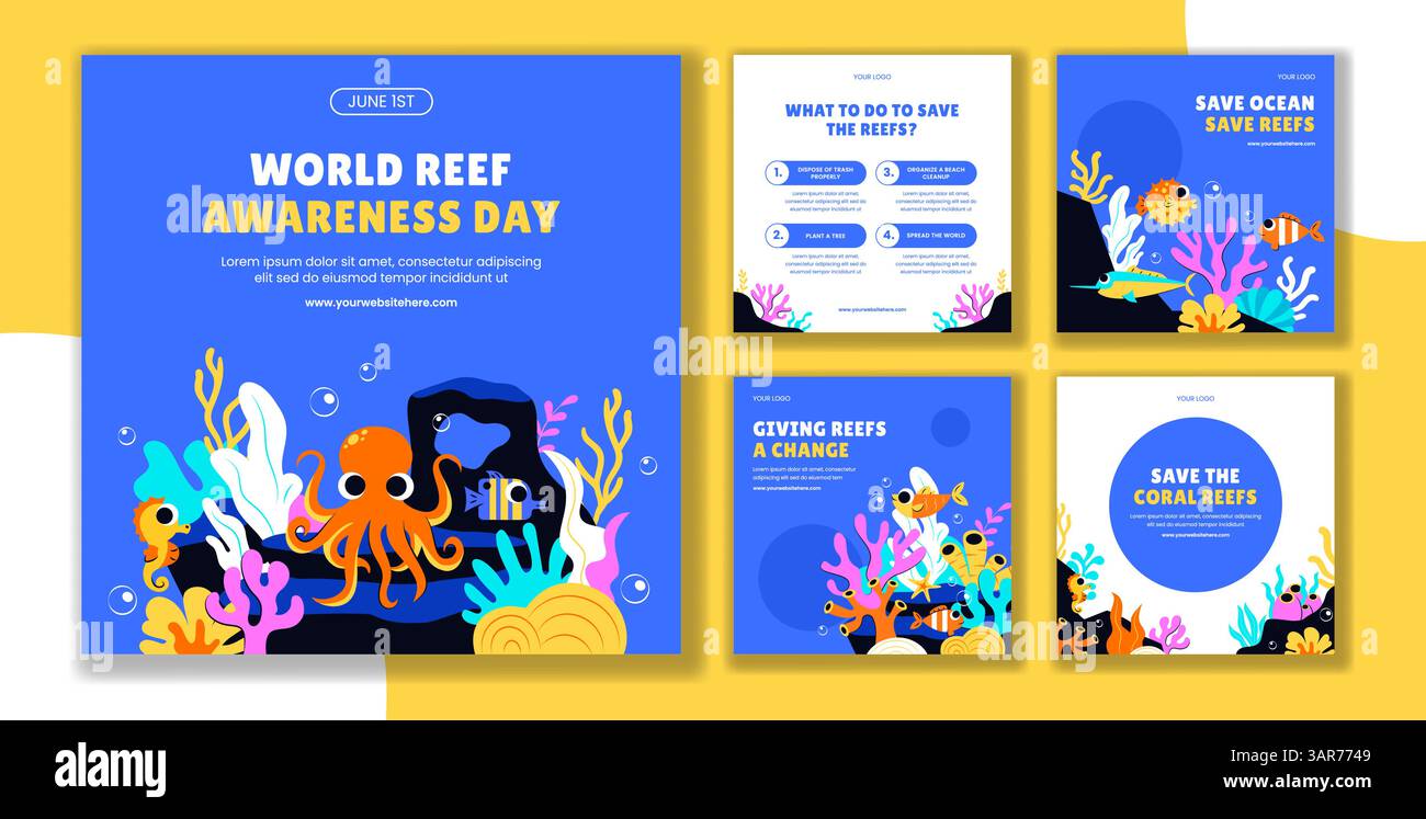 Coral Reef Conservation Day Flat Cartoon Social Media Post Template ...