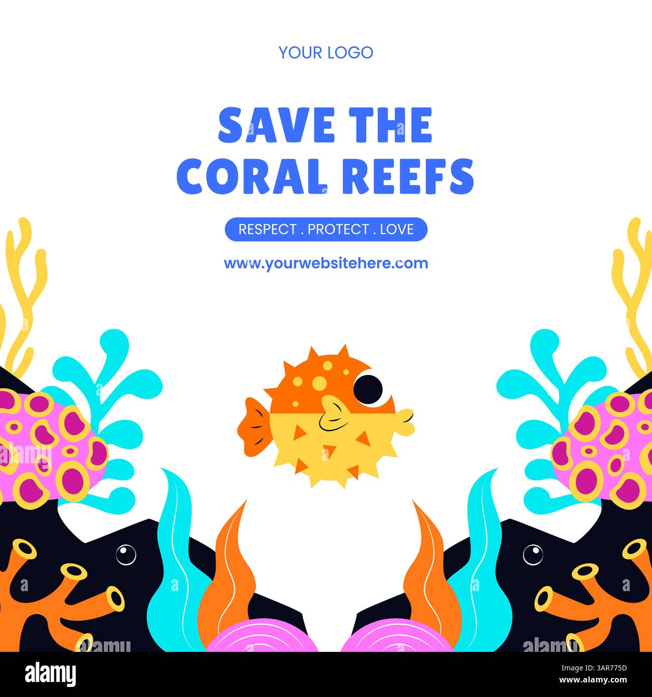 Colorful Coral Reef Awareness Design in Flat Hand-Drawn Style ...