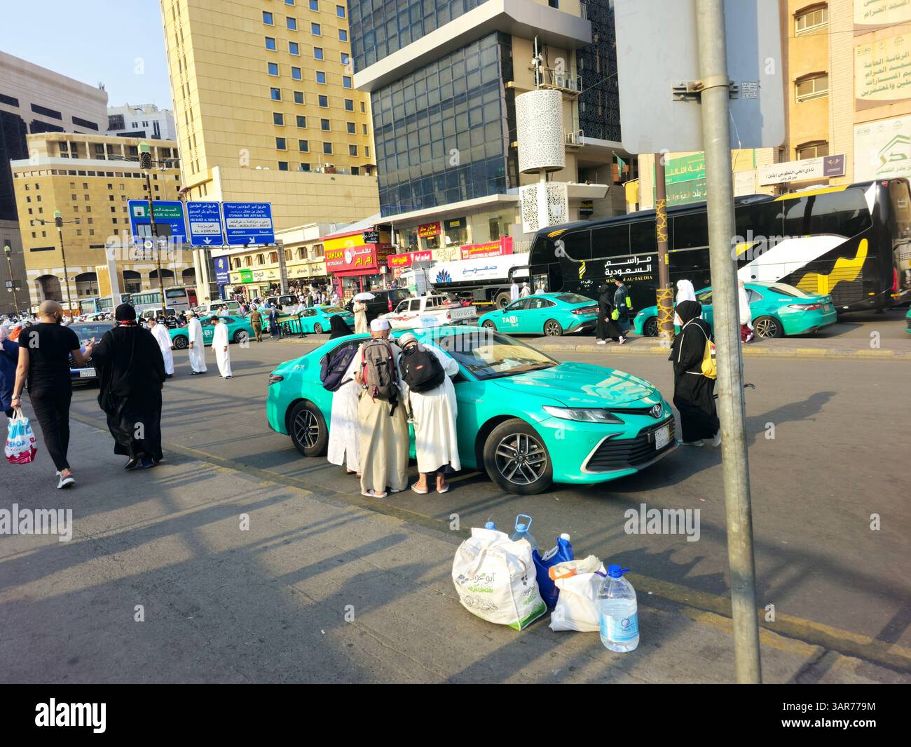 Mecca, Saudi Arabia, June 19 2024: Mecca Makkah Taxi, used to transport Hajj pilgrims inside and ...
