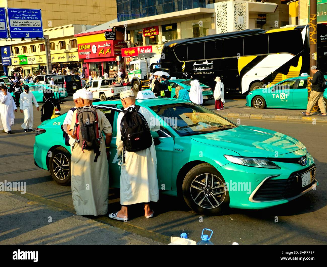 Mecca, Saudi Arabia, June 19 2024: Mecca Makkah Taxi, used to transport Hajj pilgrims inside and ...