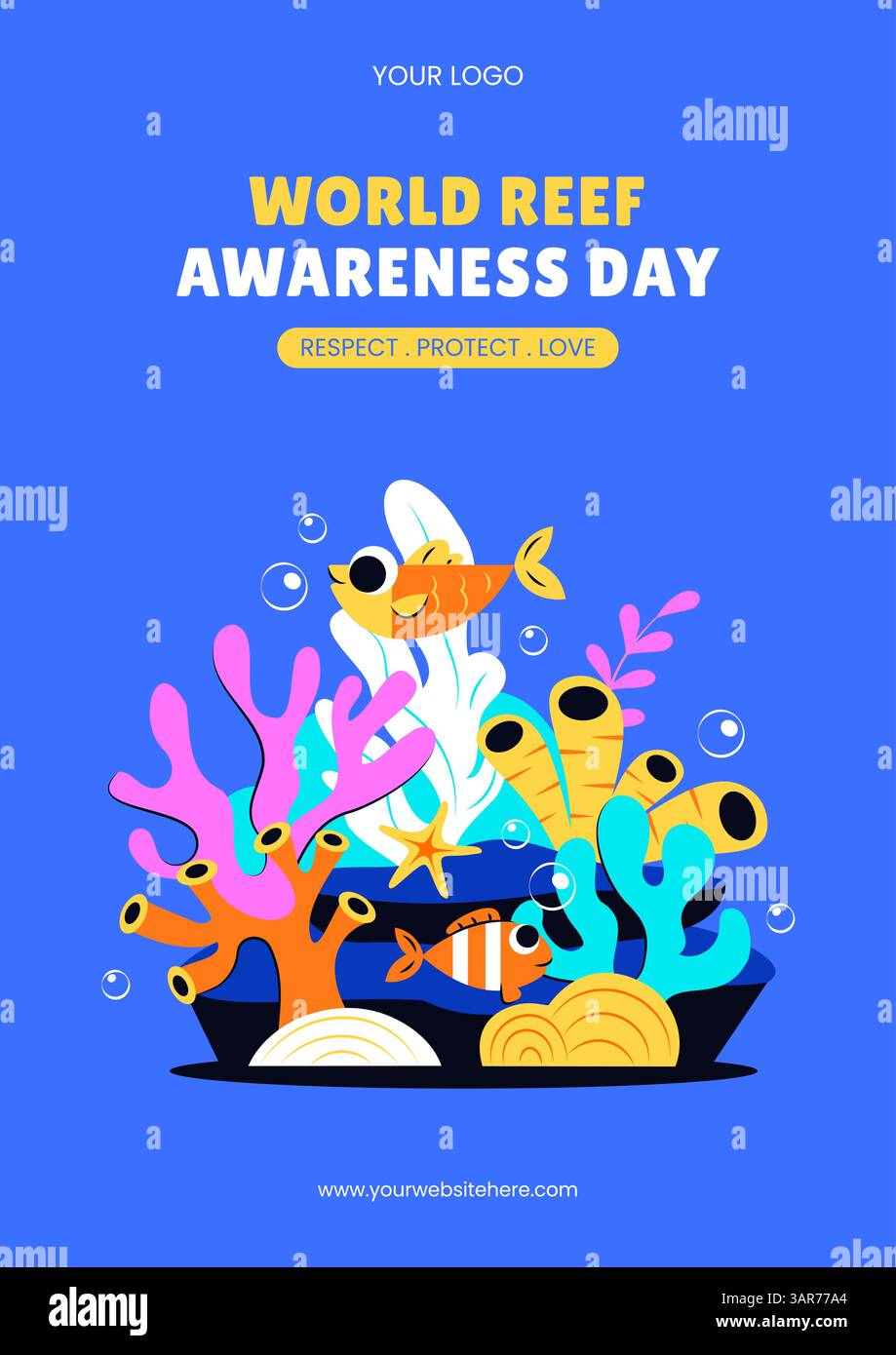 Social Media Flyer for World Reef Awareness Day with Cartoon Sea Life ...