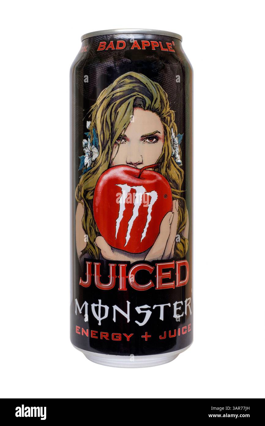 can of monster juiced bad apple energy drink cut out on white ...