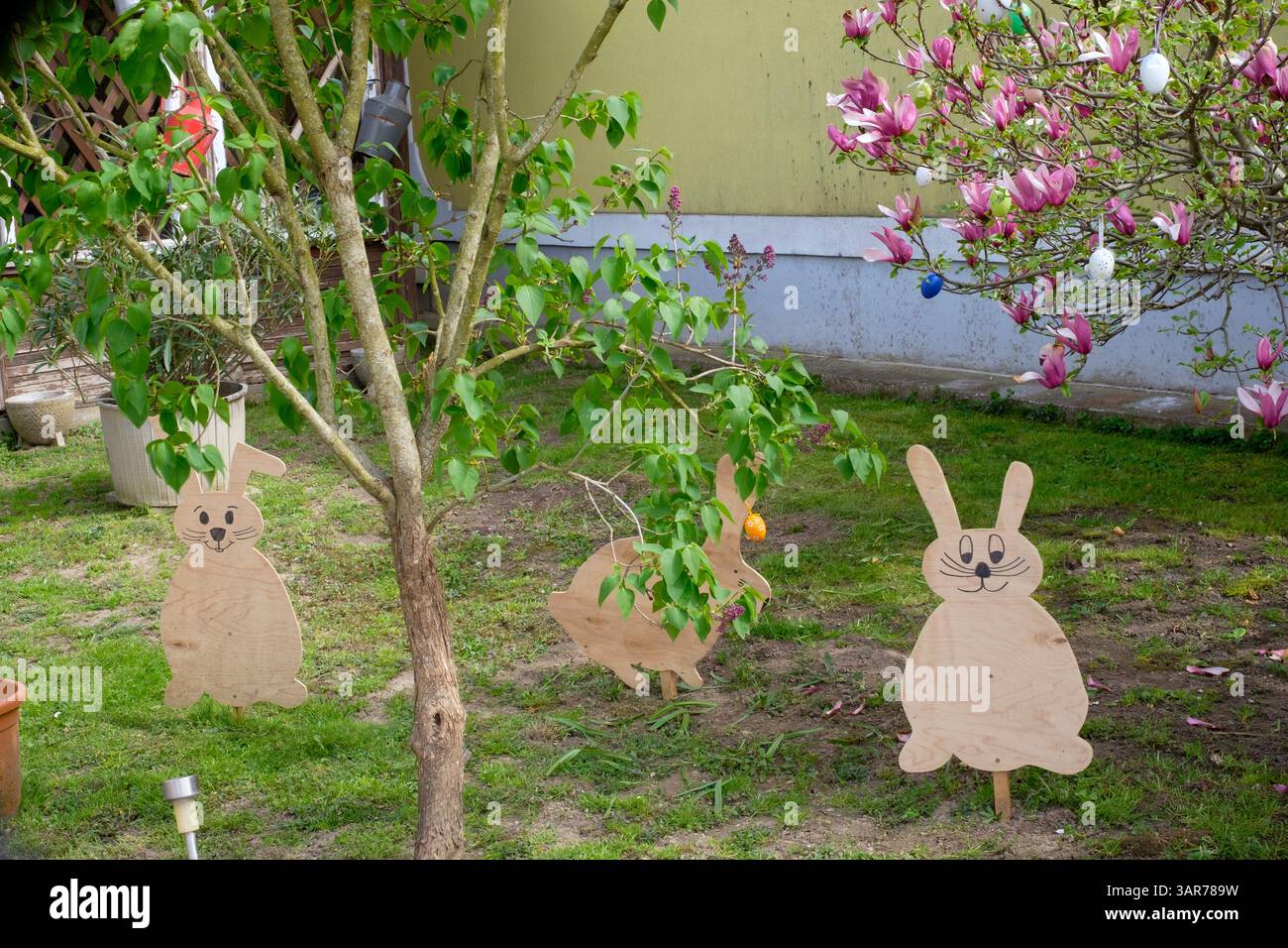 rural village house garden with small colourful easter eggs hanging ...
