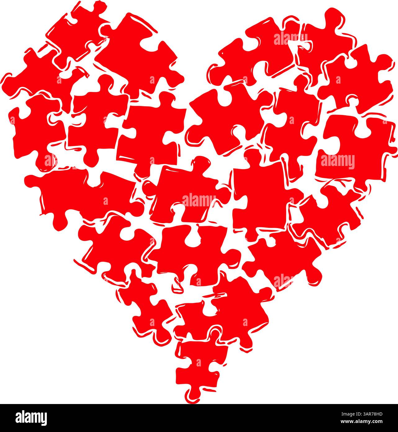 Red puzzle pieces arranged in a heart shape, hand-drawn style on white ...