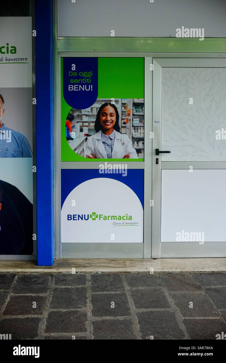 Lombardy, Italy March 1st 2025 Bright pharmacy storefront in Cremona ...