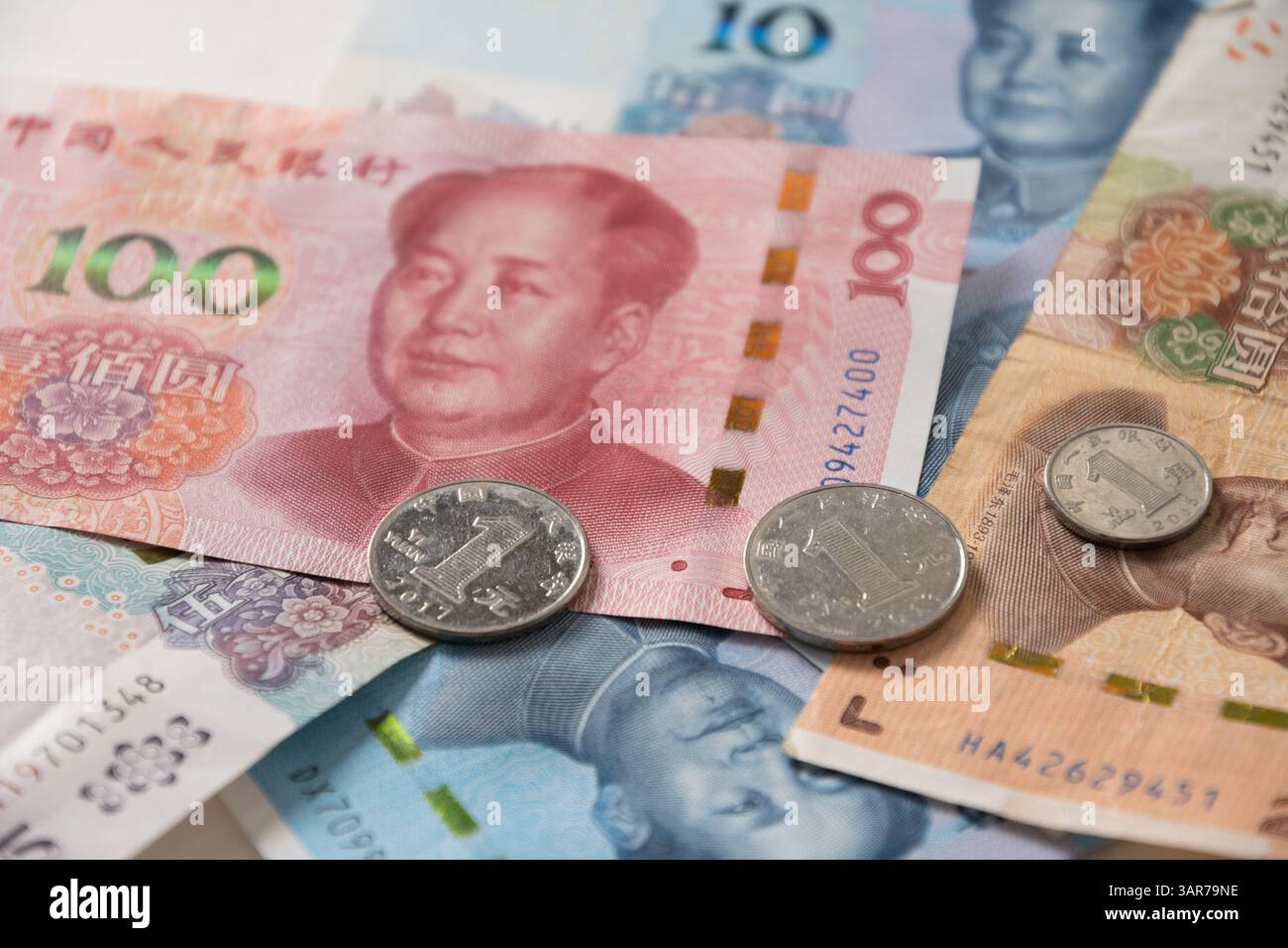 Many of different Chinese yuan banknotes. Chinese paper currency Yuan ...