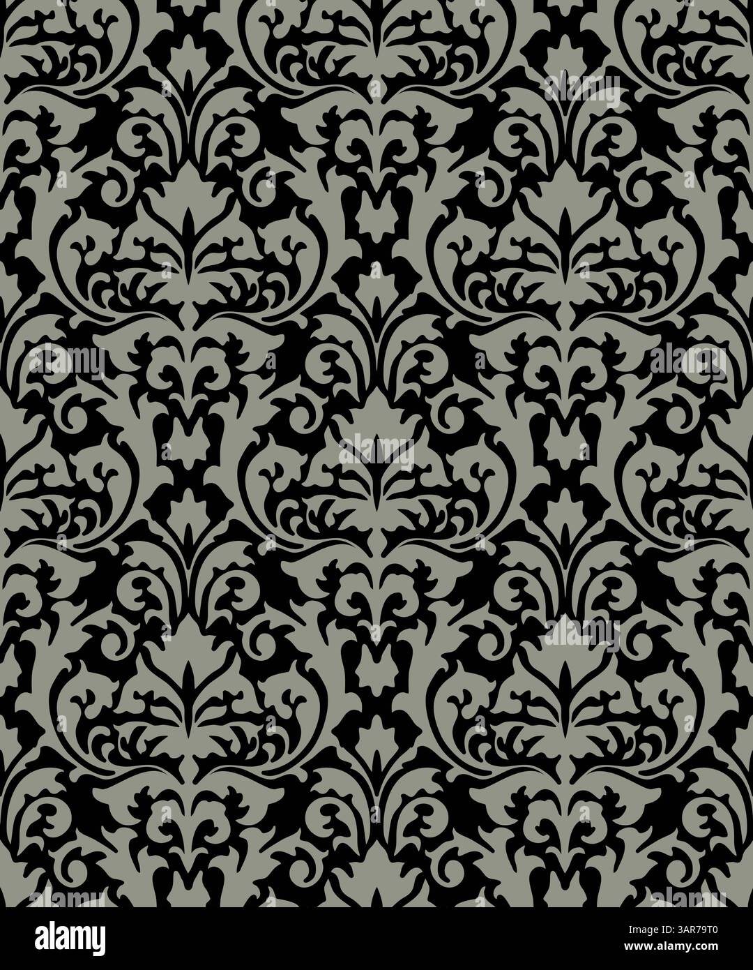 Dramatic damask pattern in black and gray with bold ornamental designs ...