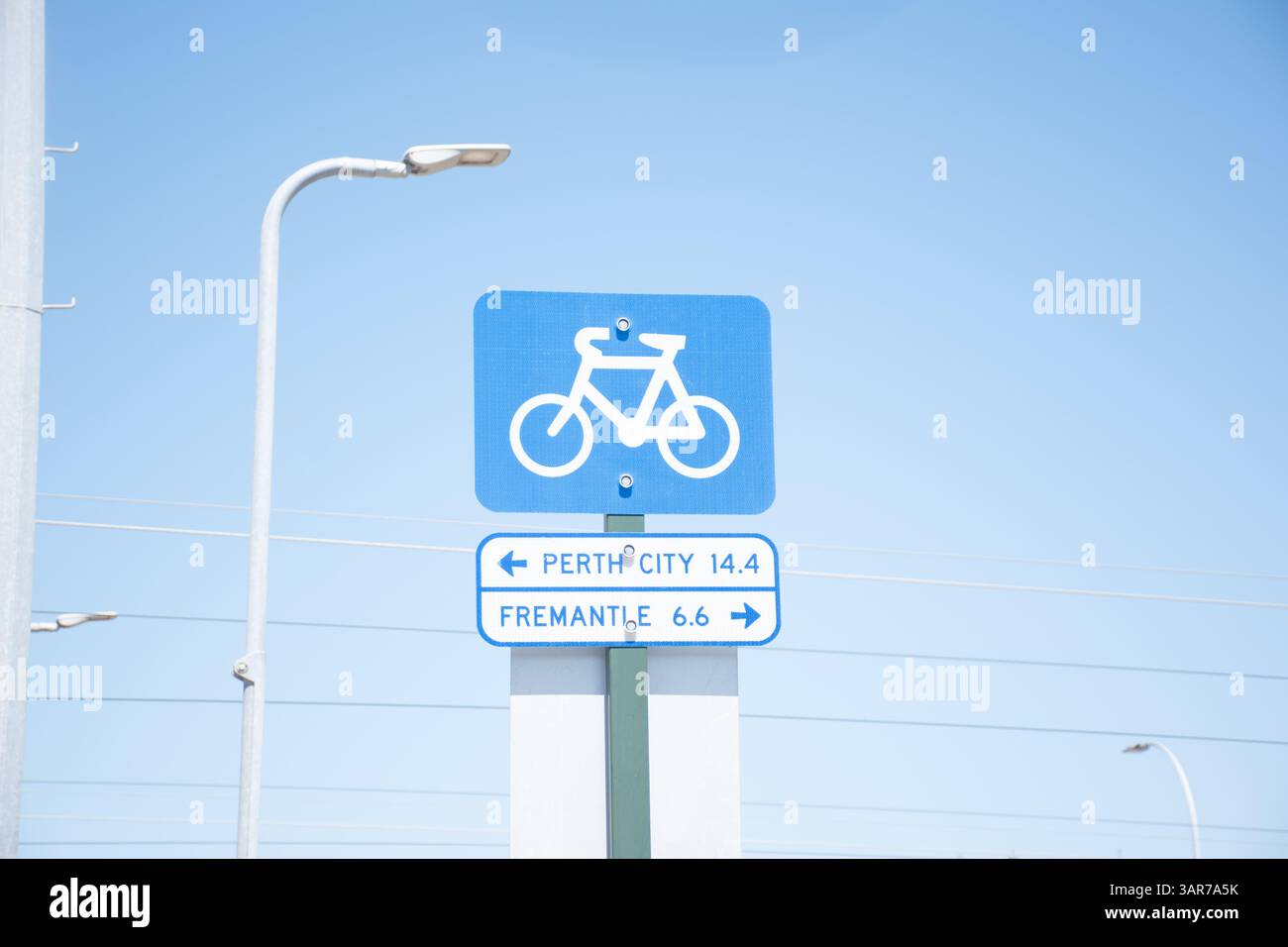 Bike lane sign in Perth, Western Australia. Bike way from Perth City to Fremantle besides the ...