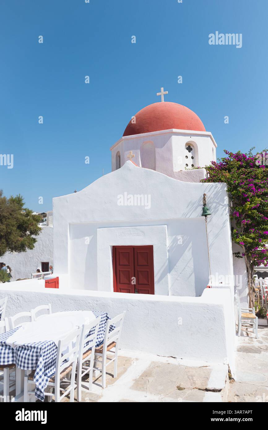 Red dome church in Mykonos island, Aegean Sea, Cyclades, Greece ...