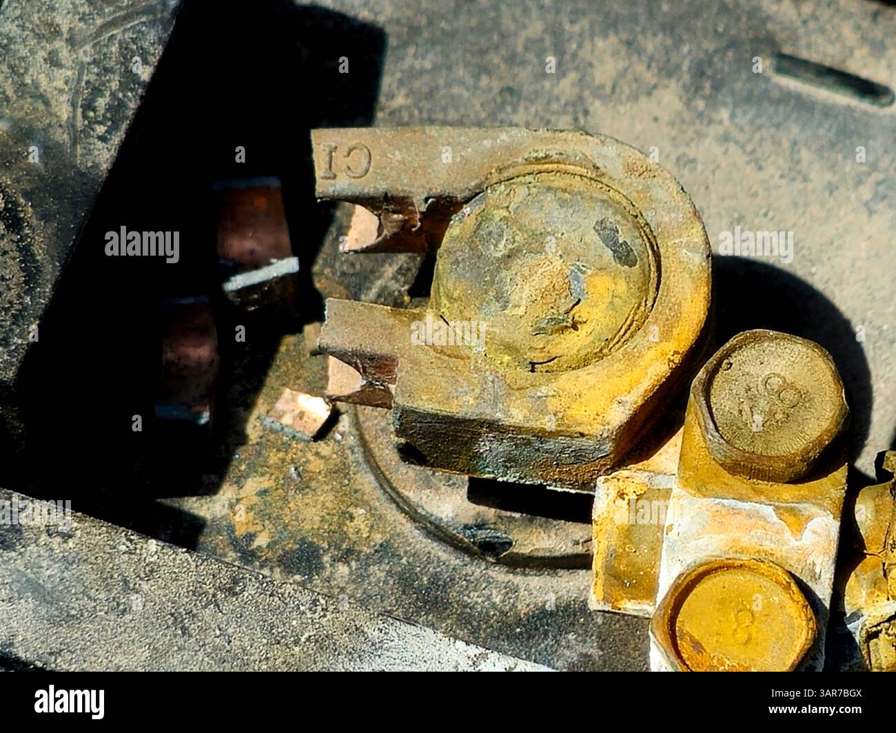 Cairo, Egypt, March 13 2025: broken battery terminal, rusty broken car ...