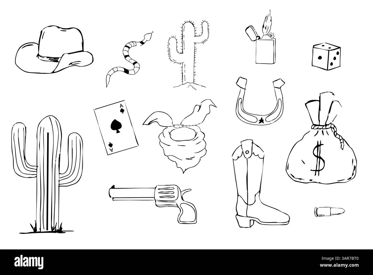 Wild west sketch set with vintage cowboy hat, gan. Desert elements ...