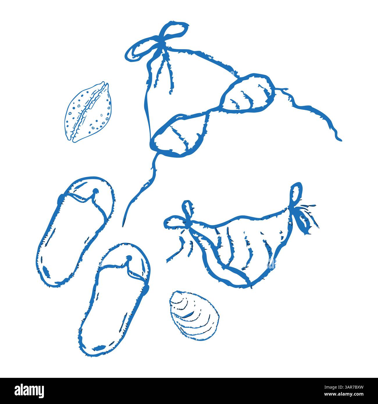 Summer seashore sea tourism, rest sketch drawing. Swimsuit straw hat ...