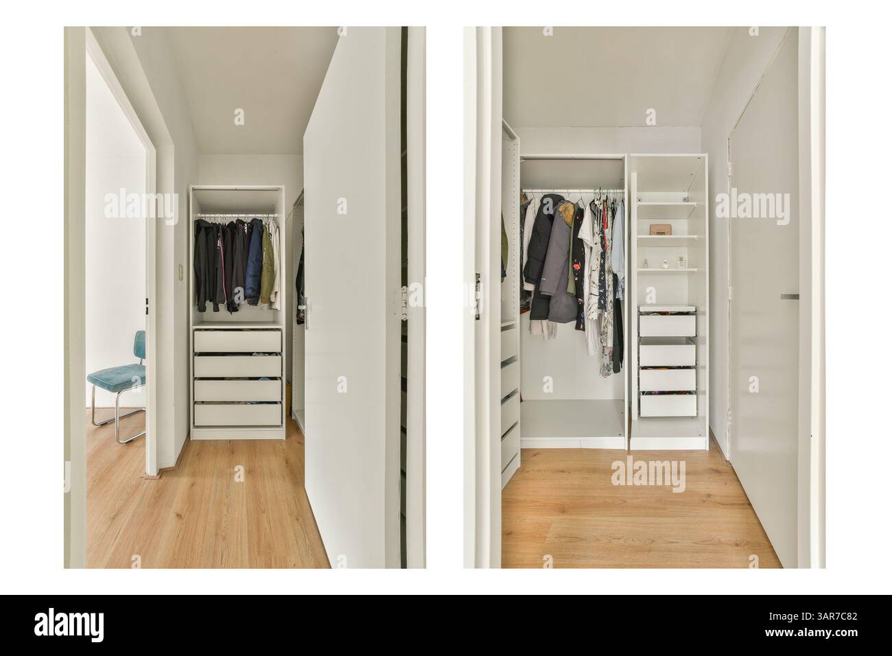 A sleek and organized interior closet featuring clothing and storage ...