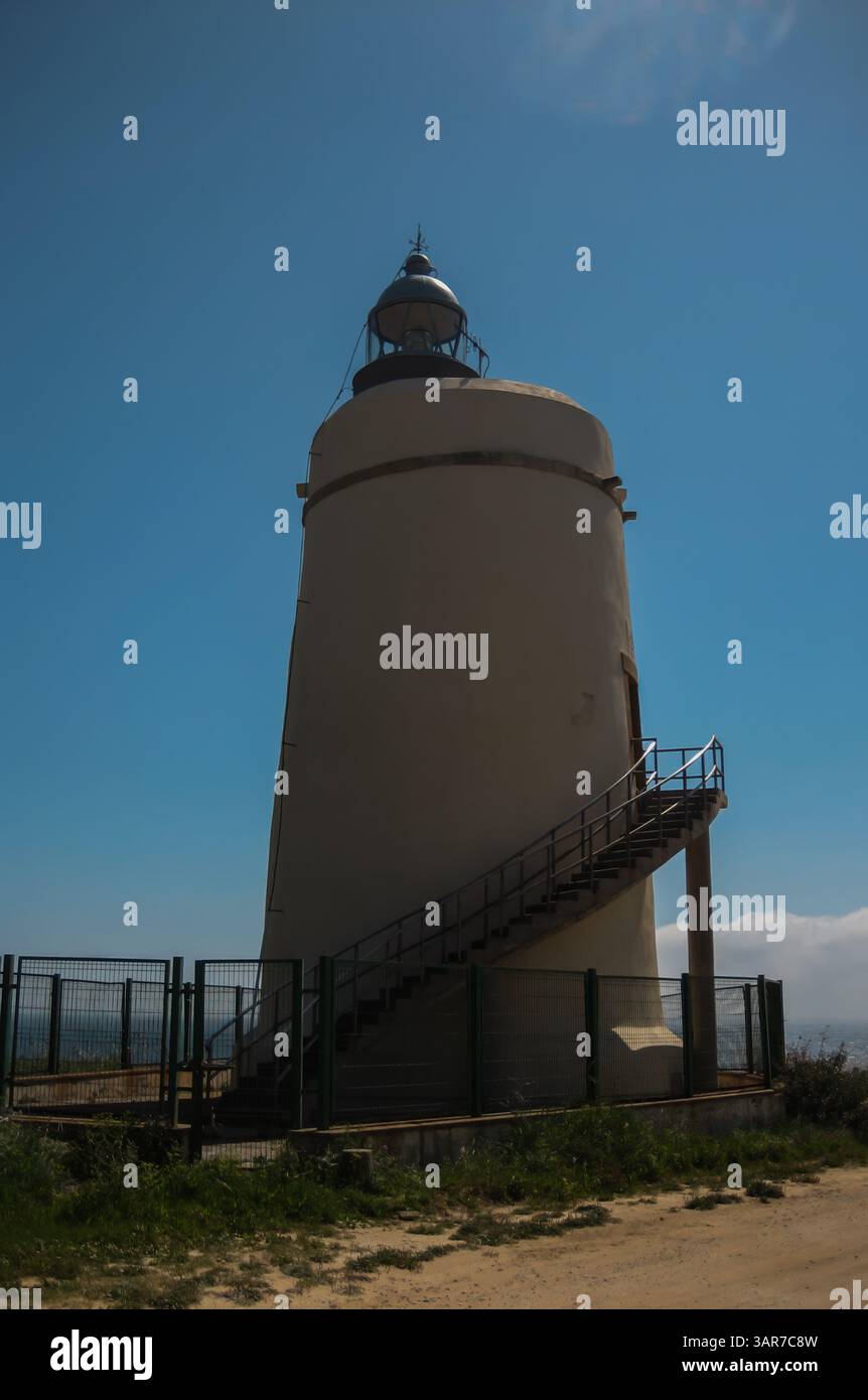 White lighthouse with metal spiral staircase and blue sky background Stock Photo - Alamy