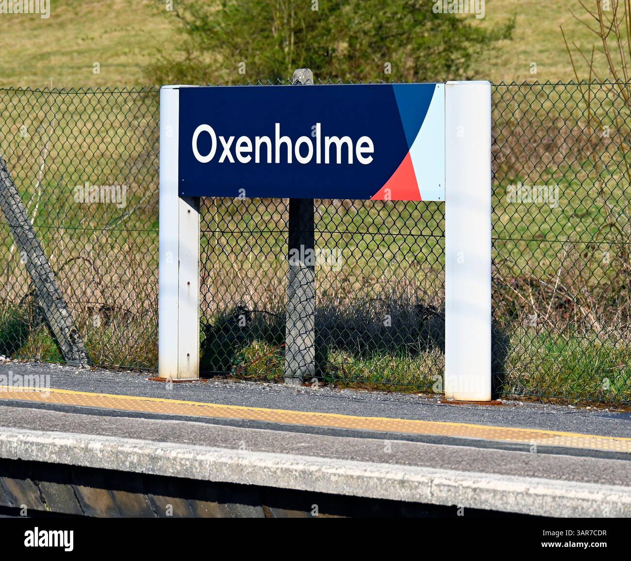 Station sign. Oxenholme Rail Station, West Coast Main Line, Cumbria ...