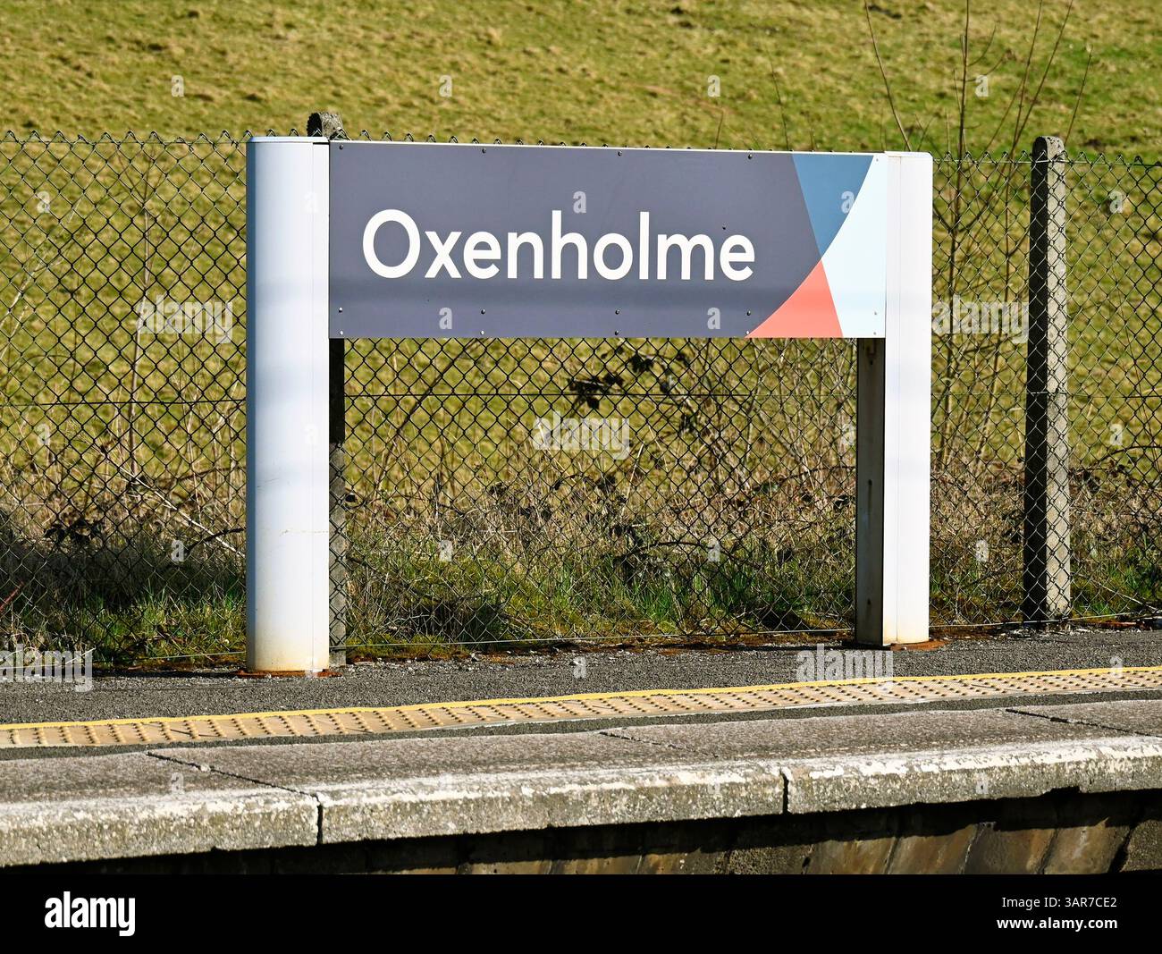 Station sign. Oxenholme Rail Station, West Coast Main Line, Cumbria ...