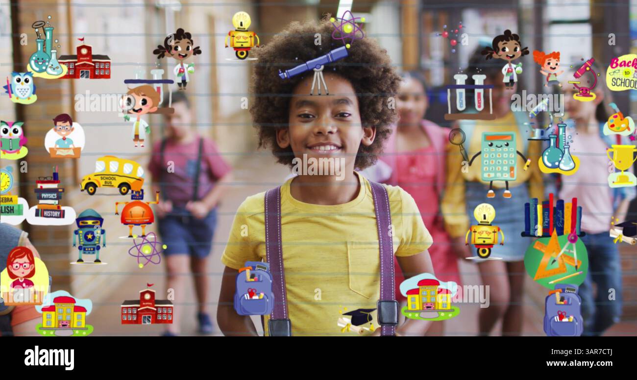 Image of school icons floating over happy schoolboy at school Stock ...