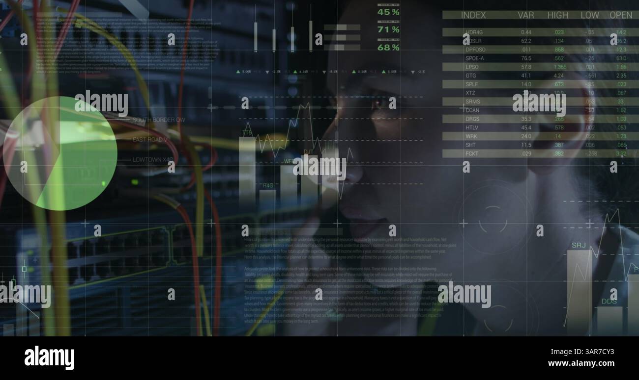 Image of data processing over caucasian female it engineer with smartphone by computer server ...