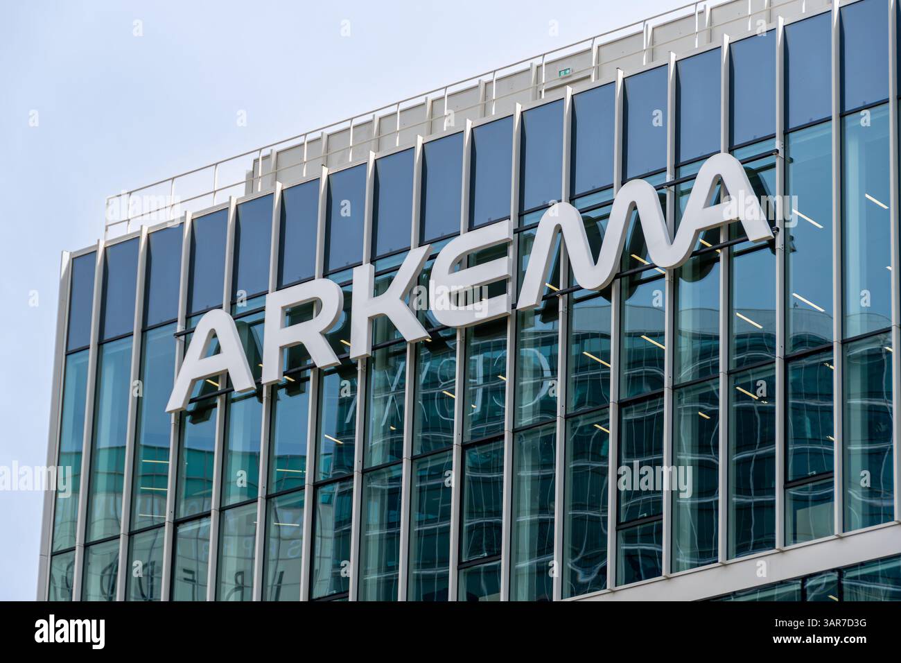 Sign and logo on Arkema's headquarters in the Paris La Defense district ...