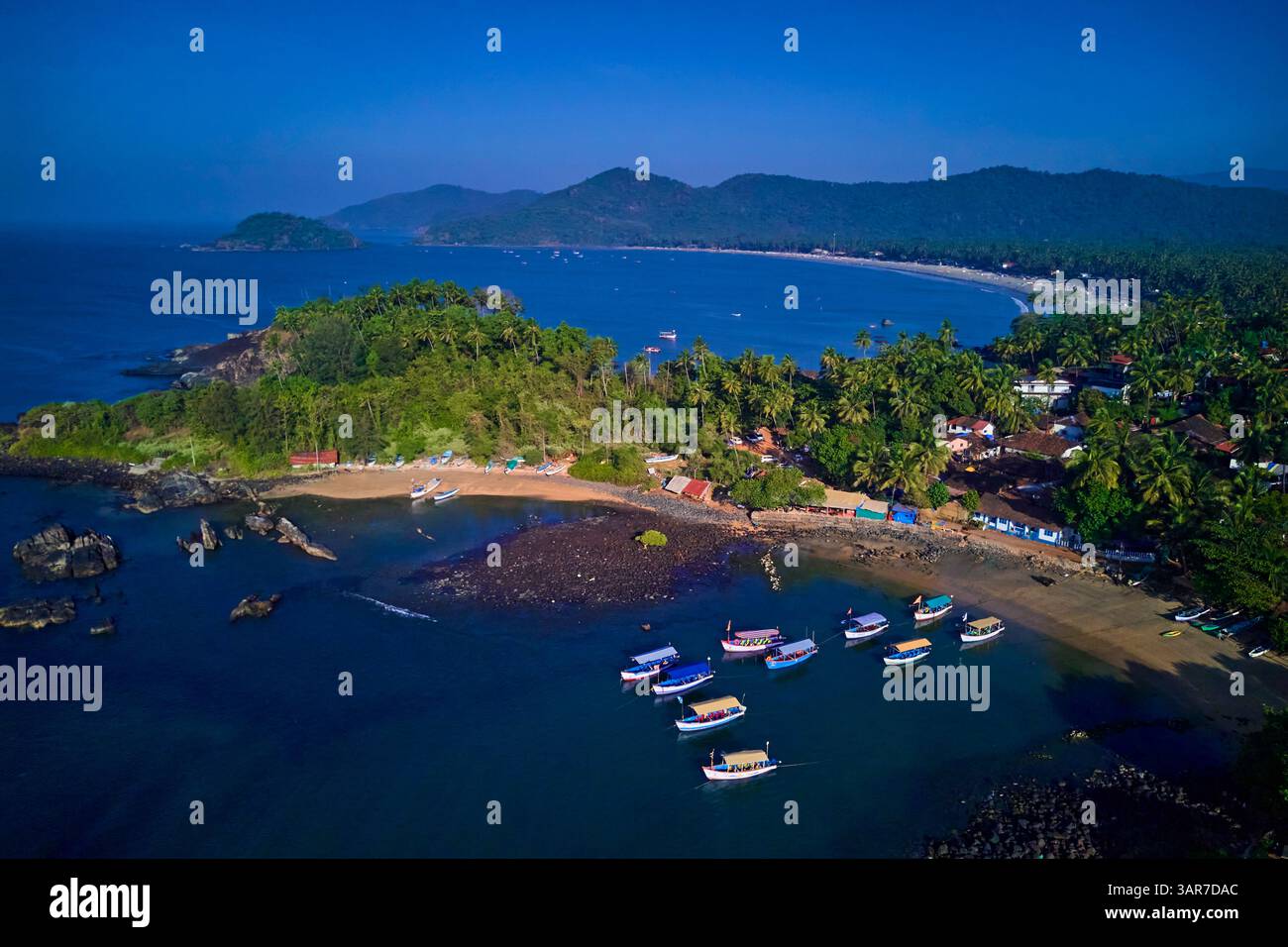 India, Goa, Canacona, Palolem beach, Colomb Beach, aerial view Stock ...