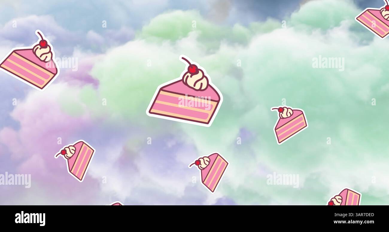 Image of cake icons falling over colourful clouds Stock Photo - Alamy