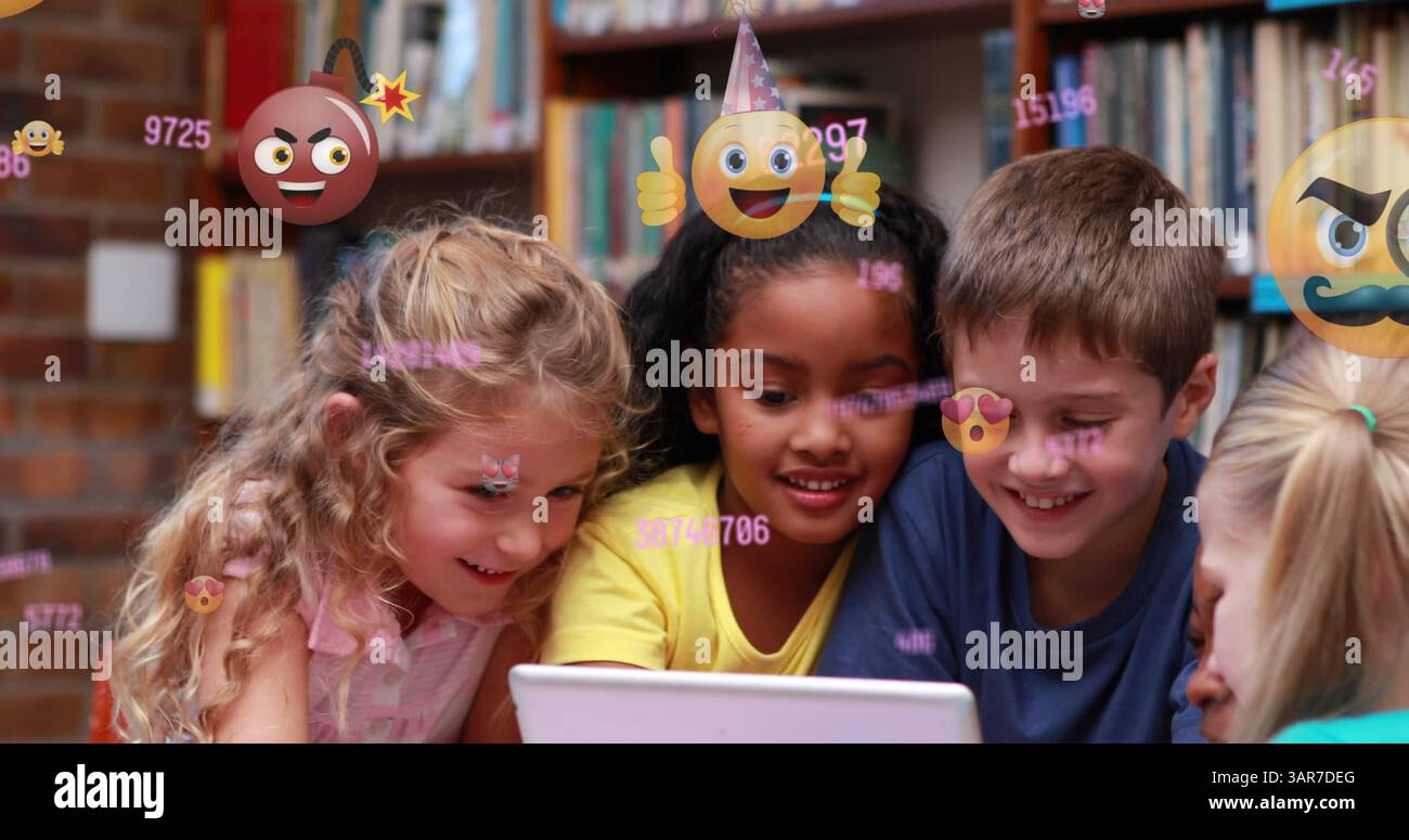 Multiple changing numbers and face emojis floating against students ...