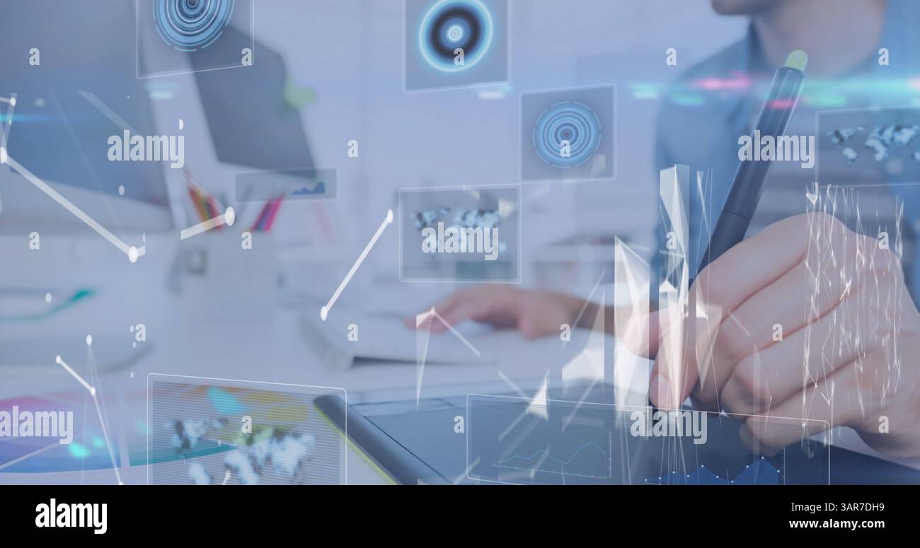 Image of data processing and scopes scanning on screen over man using graphic tablet Stock Photo ...