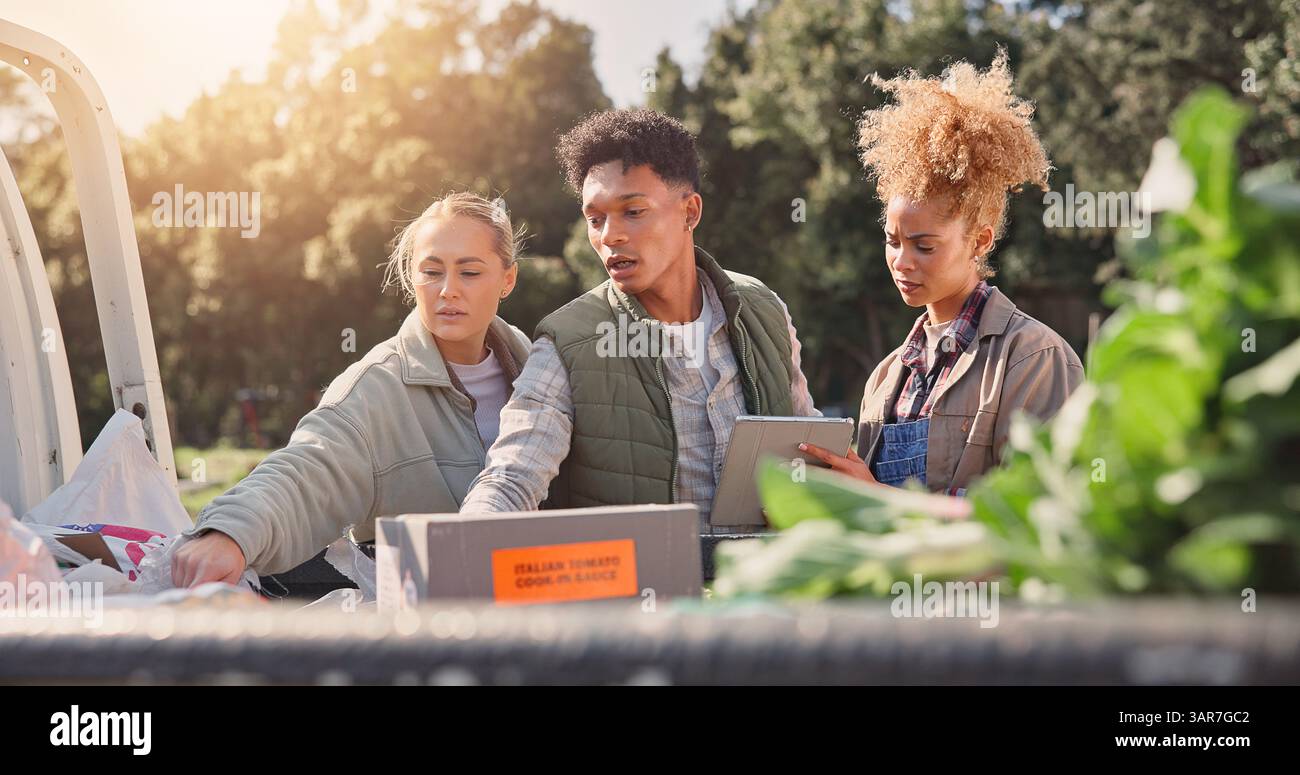 Farming, tablet and crops with people and truck for vegetable logistics ...
