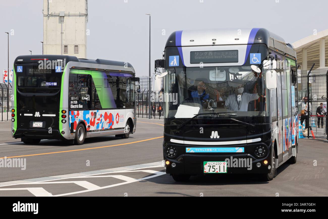 EV (electric vehicle) buses run at a venue for Expo 2025 Osaka, Kansai ...