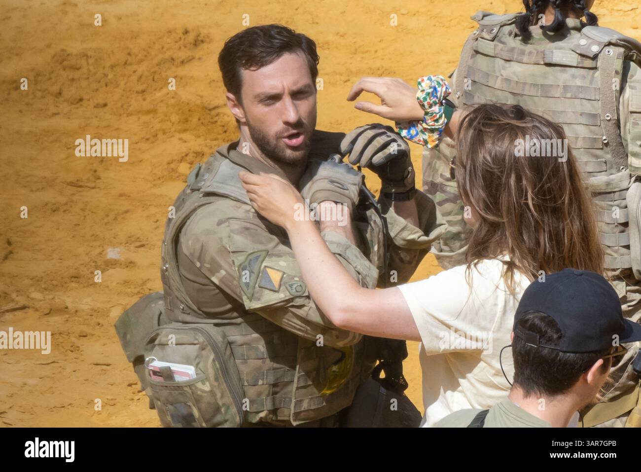 Arron Taylor and Theo James filming Fuze in a Quarry in Kent Stock ...